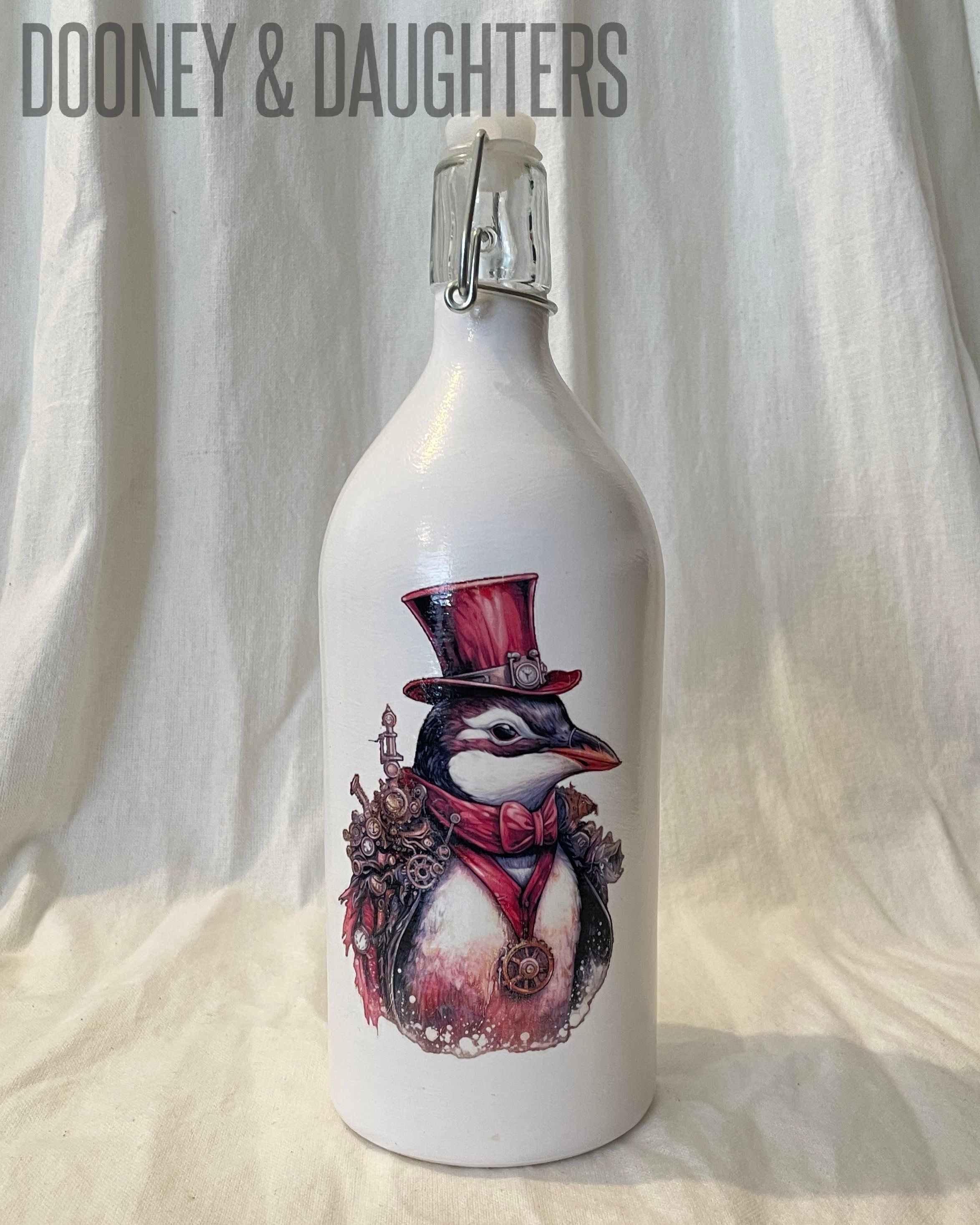 Steampunk Penguin Bottle | Decoupaged Bottle | Dooney & Daughters
